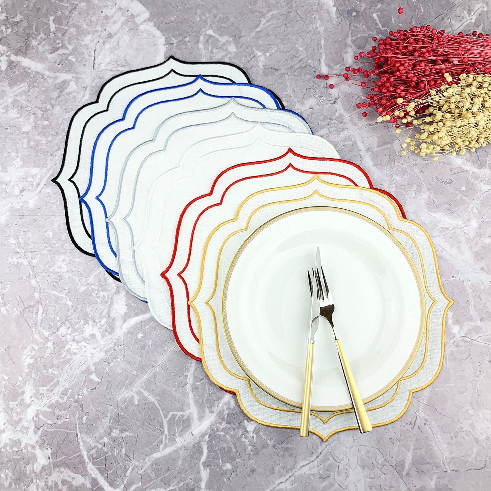 White Linen Medallion Placemats, Embroidered Table Mats With Colorful ...