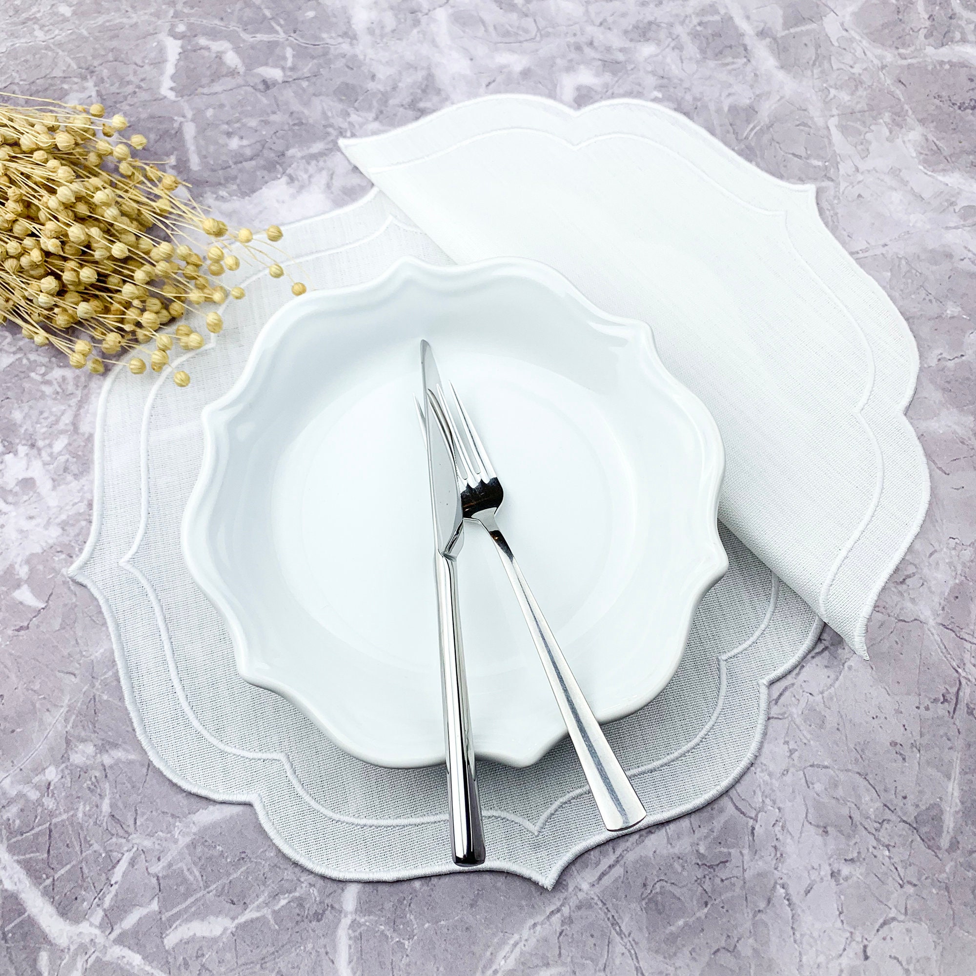 White Linen Medallion Placemats, Embroidered Table Mats With Colorful ...