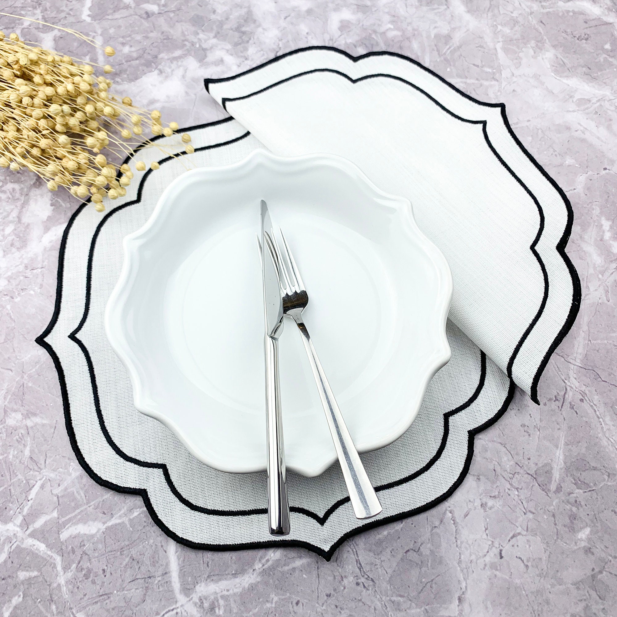 White Linen Medallion Placemats, Embroidered Table Mats With Colorful ...