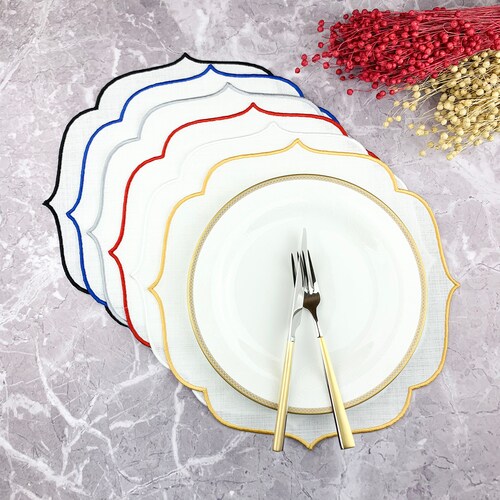 White Linen Medallion Placemats Embroidered Table Mats With - Etsy