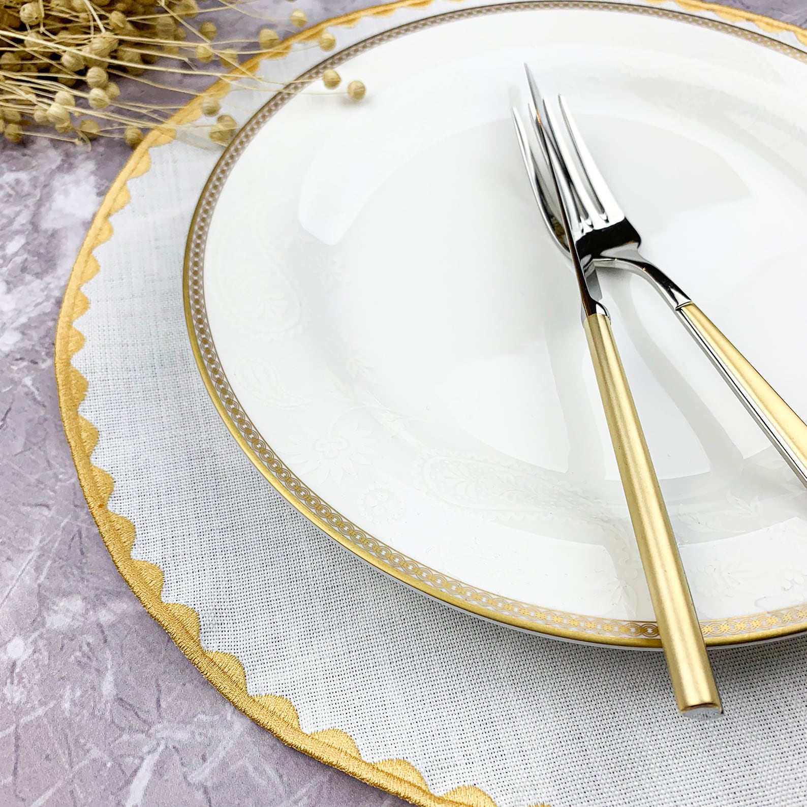 White Linen Round Placemats, Embroidered Table Mats With Colorful Wavy ...