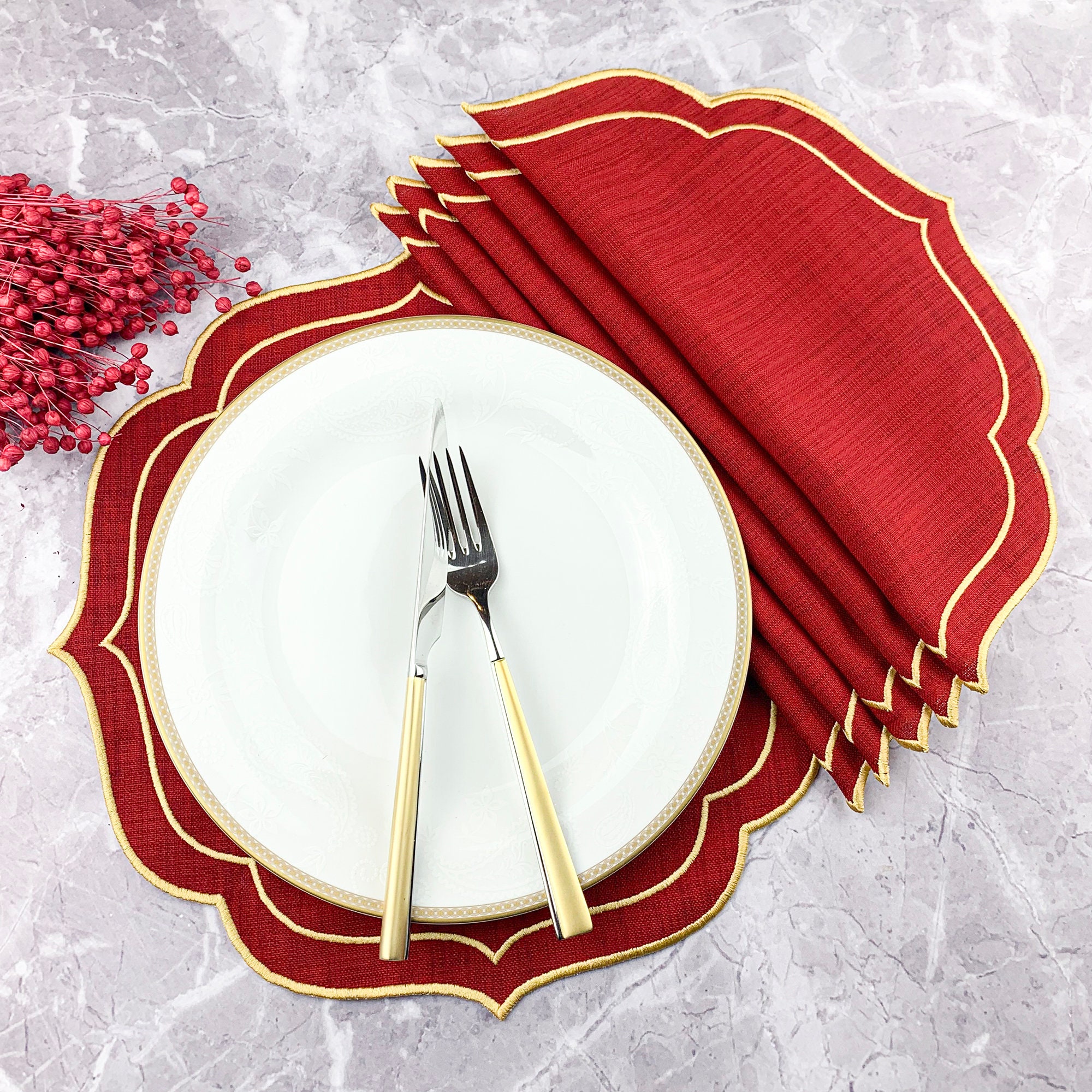 Colorful Linen Medallion Placemats, Embroidered Table Mats With Gold ...