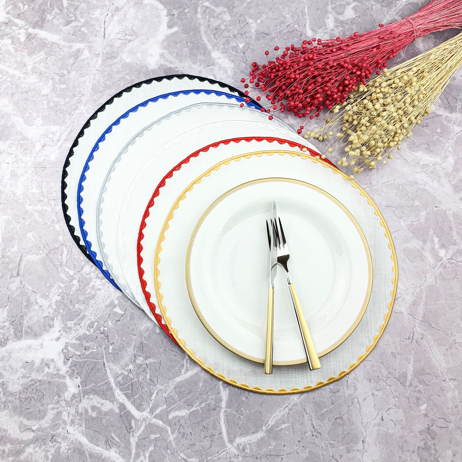 White Linen Round Placemats, Embroidered Table Mats With Colorful Wavy ...