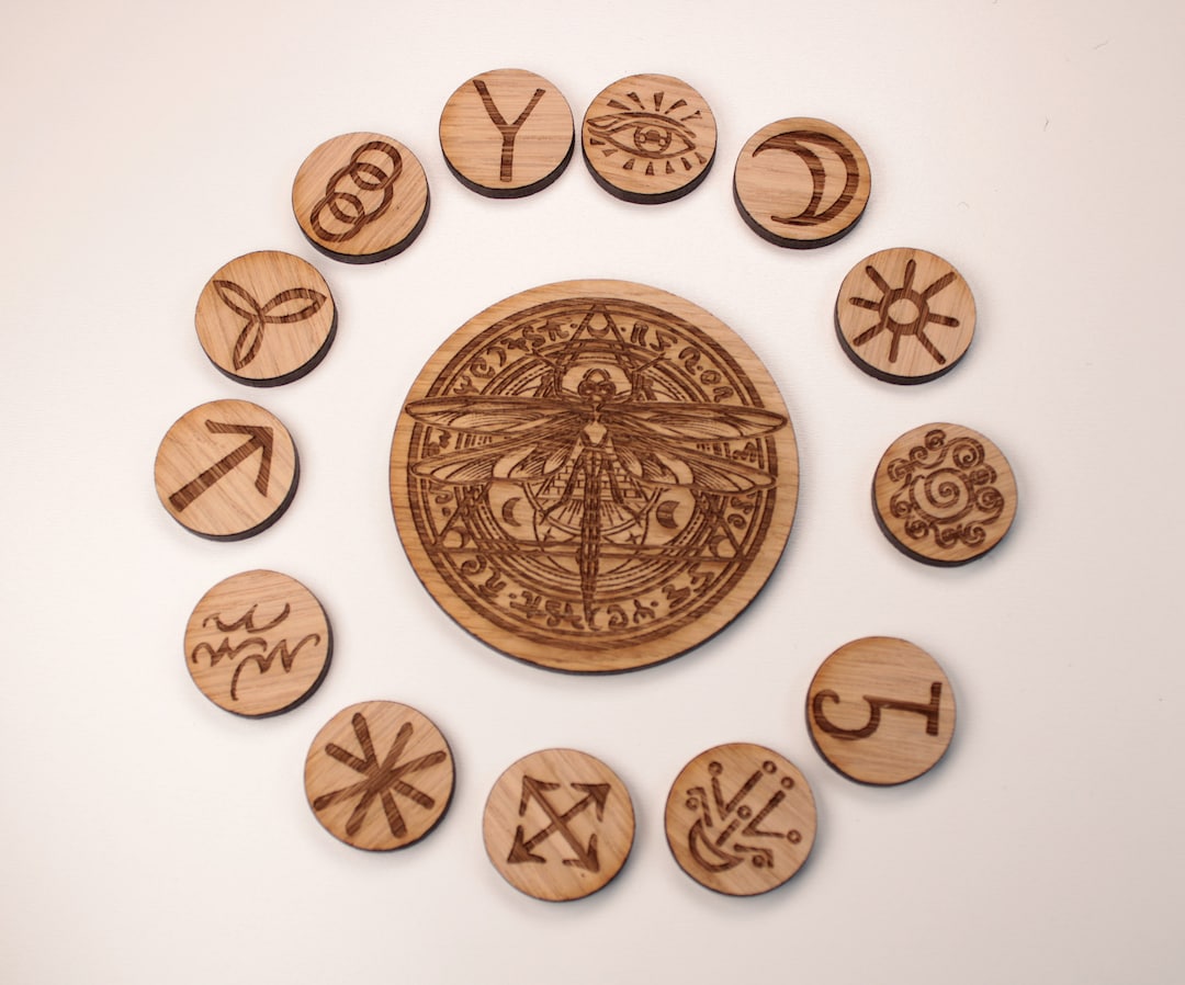 13 Witch Runes Runestones With Magic Wooden Dragonfly Rune Set Oak ...