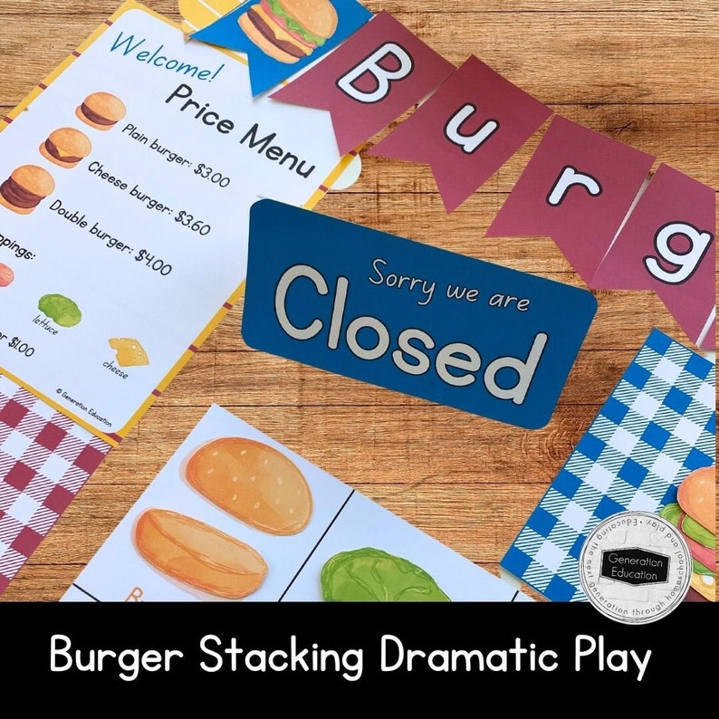 Burger Stacking Play Set, Dramatic Play Kit, Printable Play Activities ...
