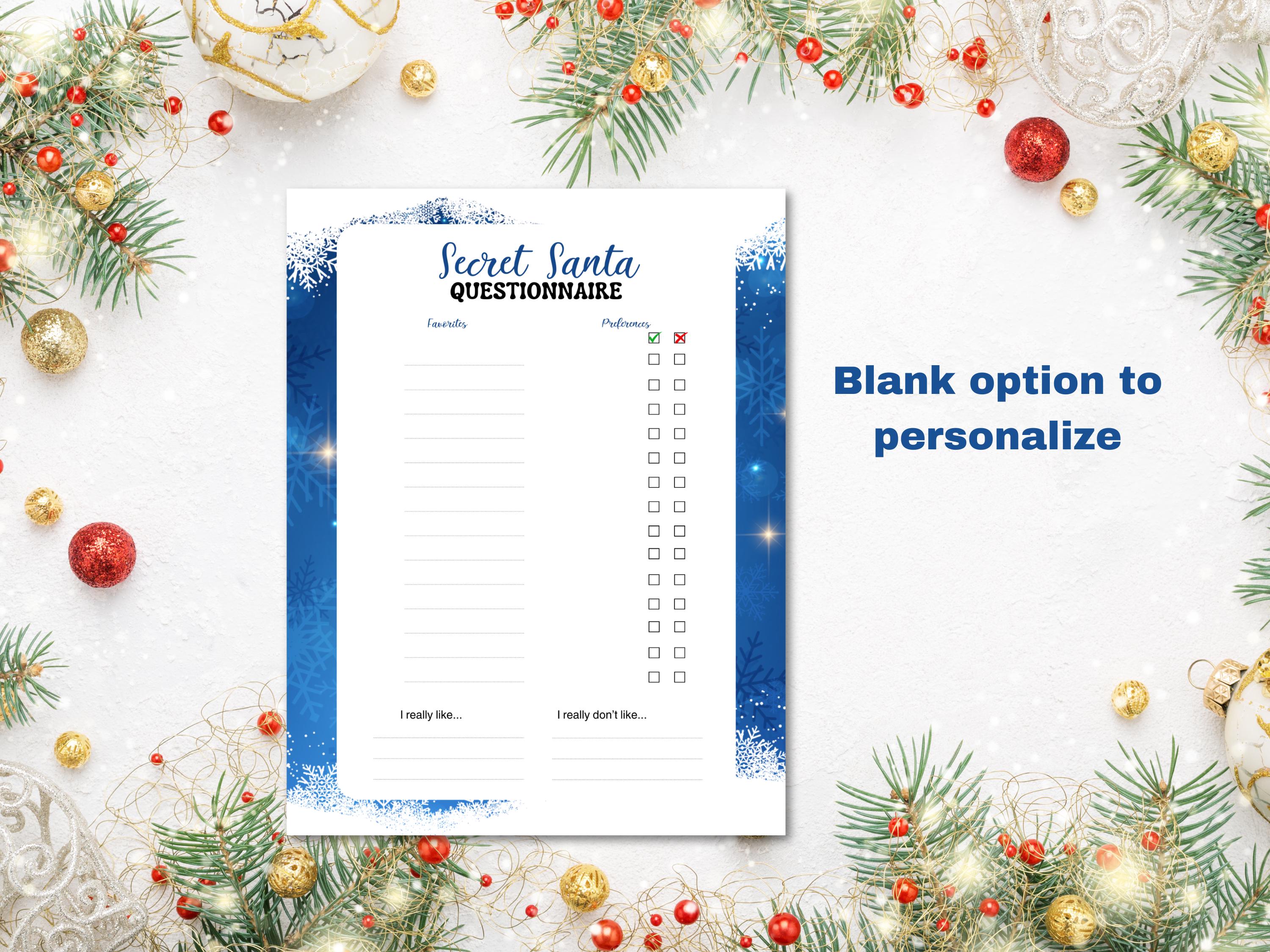 Printable Secret Santa Questionnaire PDF | Blue Snowflake Gift Exchange ...