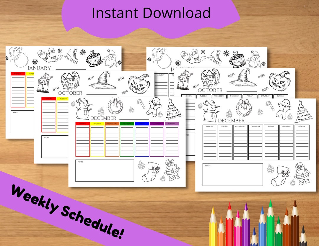 Printable Coloring Calendar for Kids, Kids Weekly Calendar, Printable ...