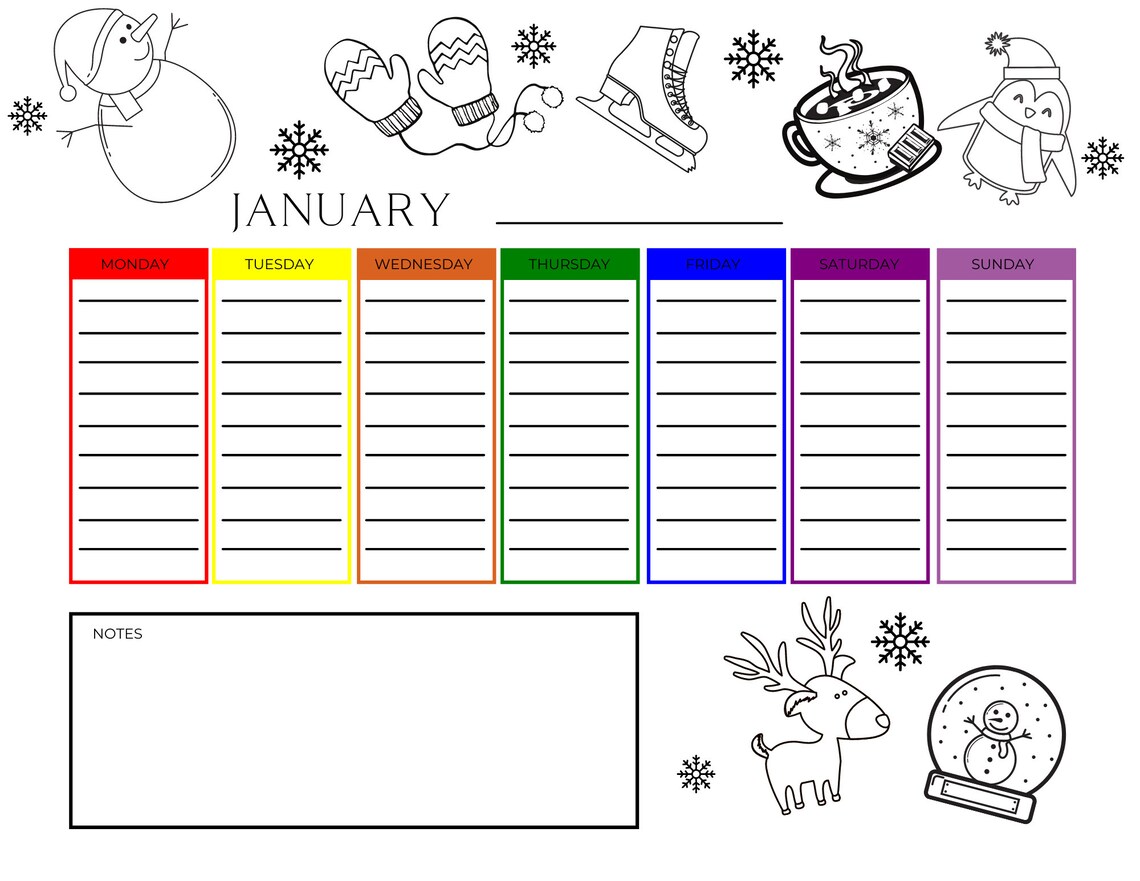 Printable Coloring Calendar for Kids, Kids Weekly Calendar, Printable ...