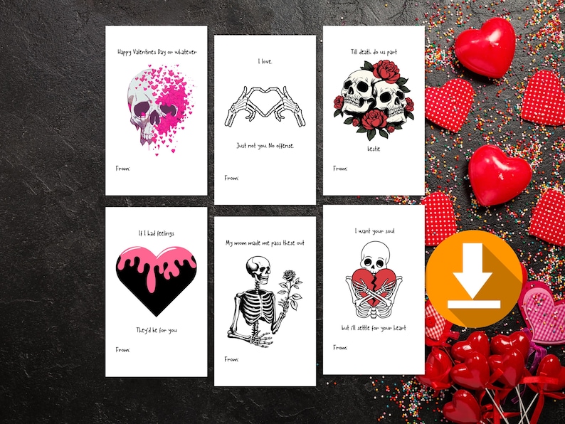 Printable Goth Valentine's Day Cards Set, 6 Unique 3x5" Designs With ...