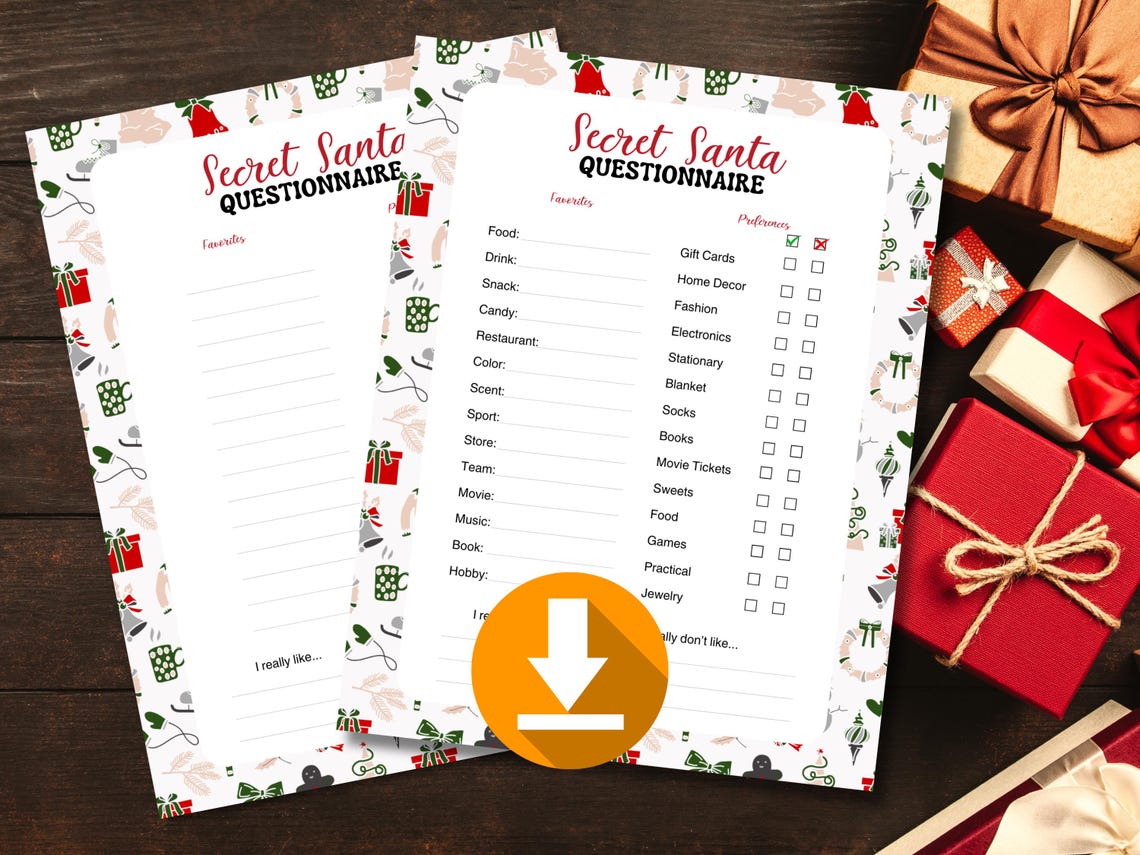 Printable Secret Santa Questionnaire PDF | Editable Christmas Gift ...