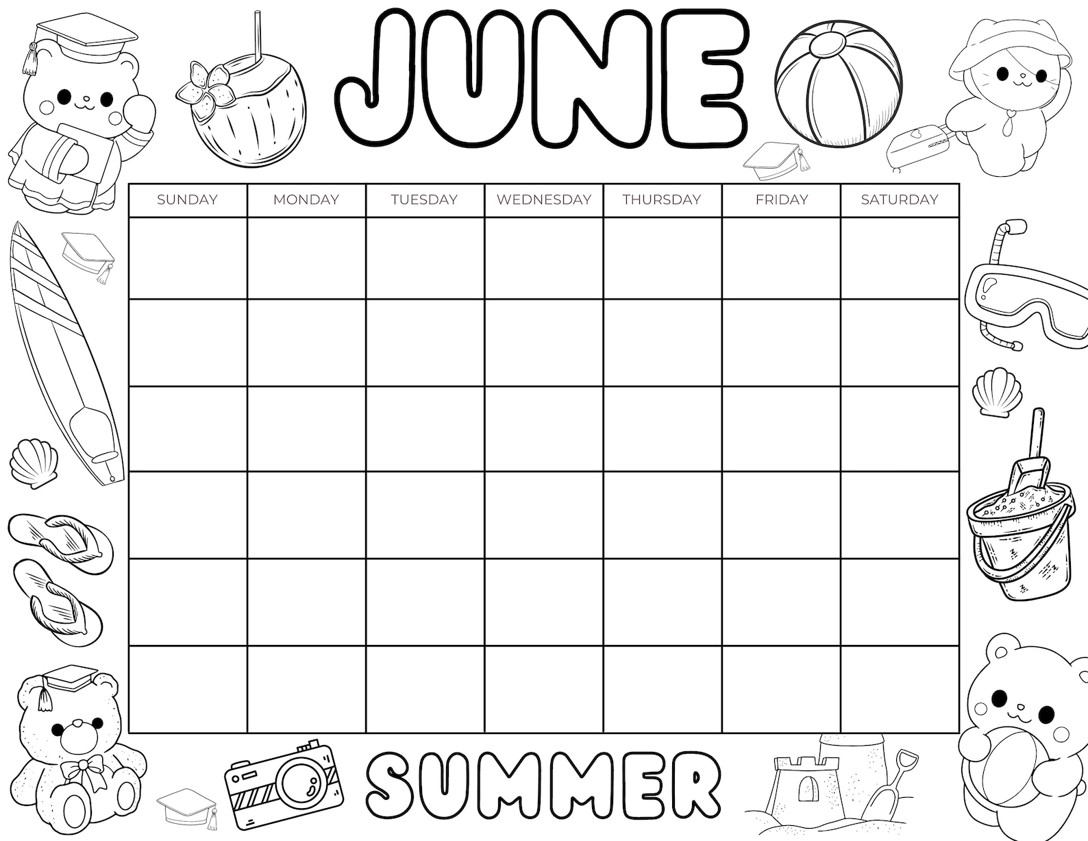 Cute Printable Coloring Calendar for Kids, Cute Kids Calendar, Cute ...