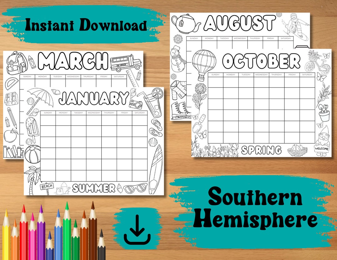 Southern Hemisphere Printable Coloring Calendar, Desk Calendar - Etsy