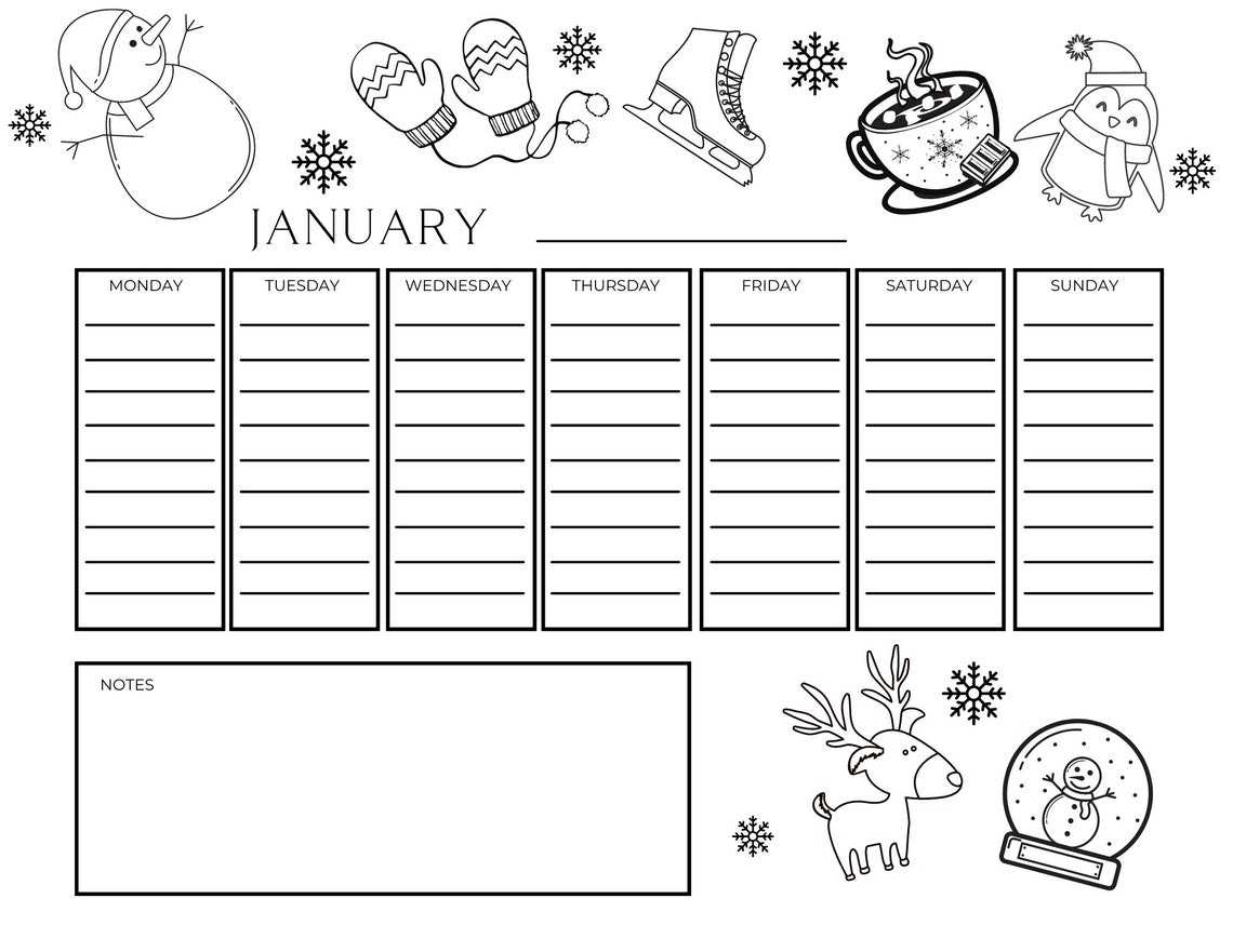 Printable Coloring Calendar for Kids, Kids Weekly Calendar, Printable ...