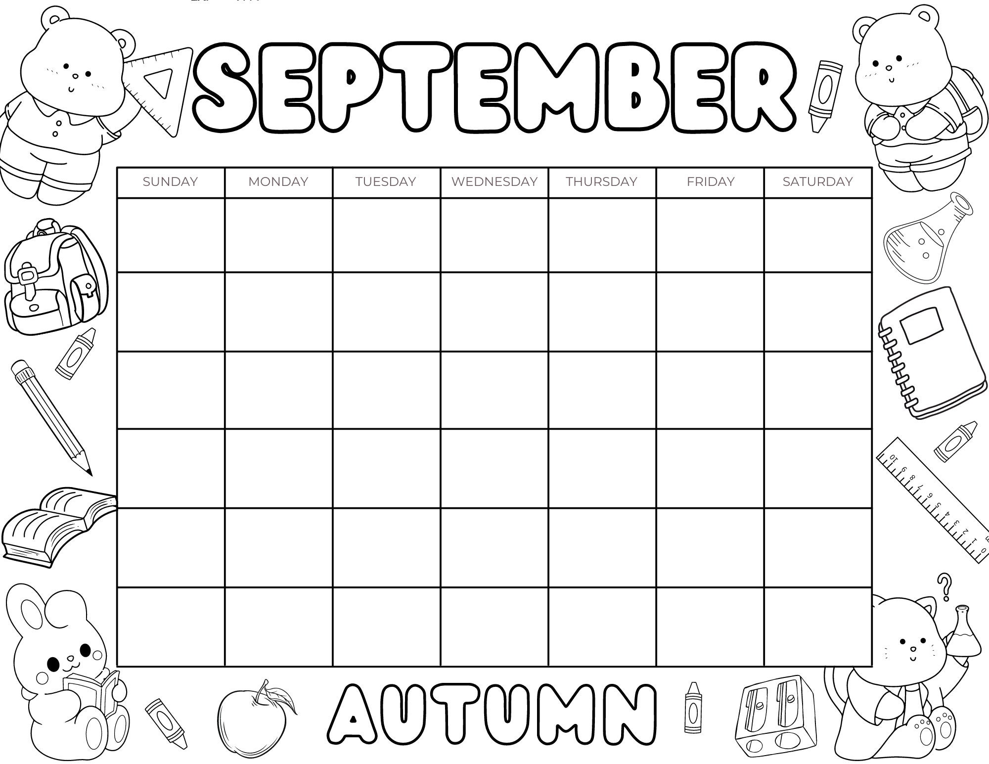 Cute Printable Coloring Calendar for Kids, Cute Kids Calendar, Cute ...