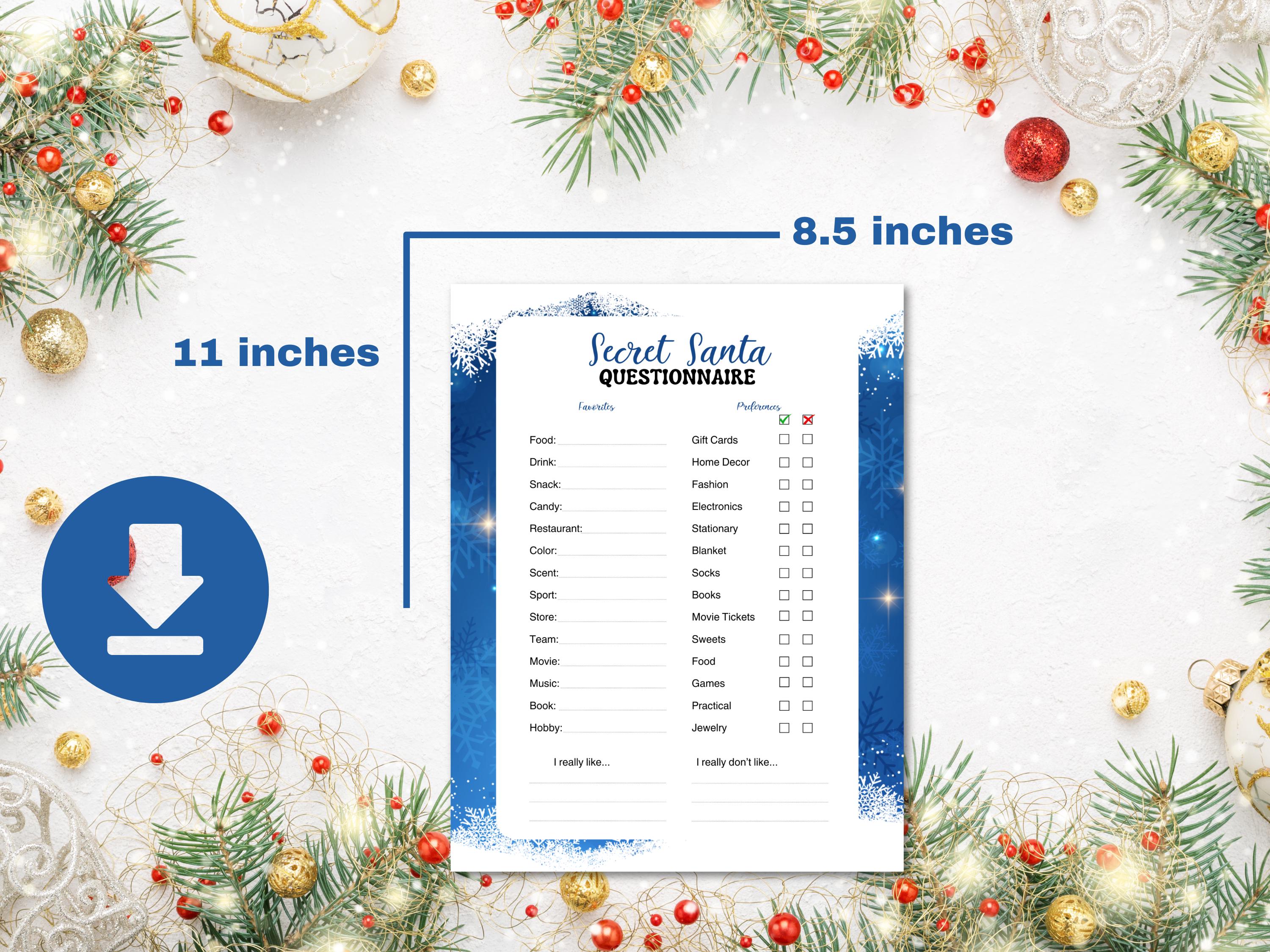 Printable Secret Santa Questionnaire PDF | Blue Snowflake Gift Exchange ...