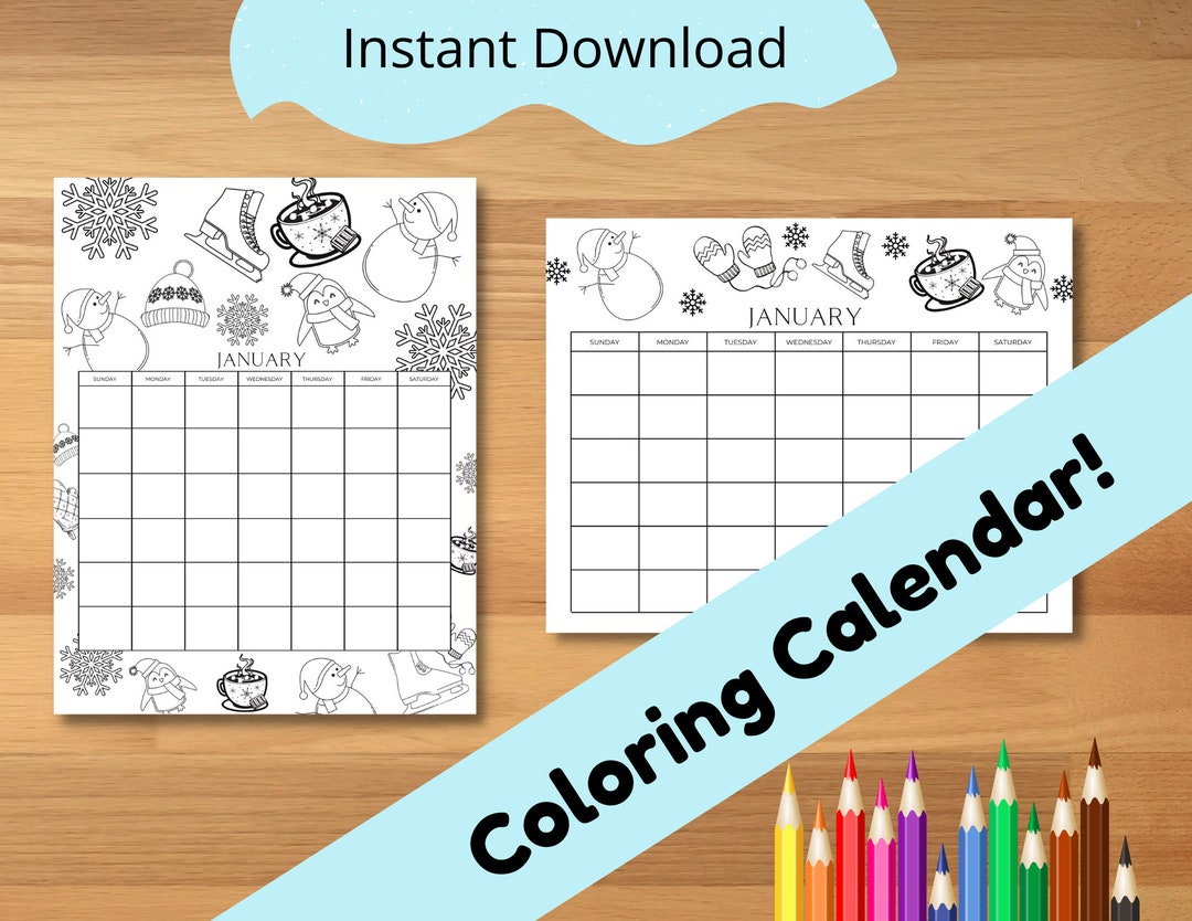 Printable 12-month Coloring Calendar for Kids, Fun Themed Designs ...