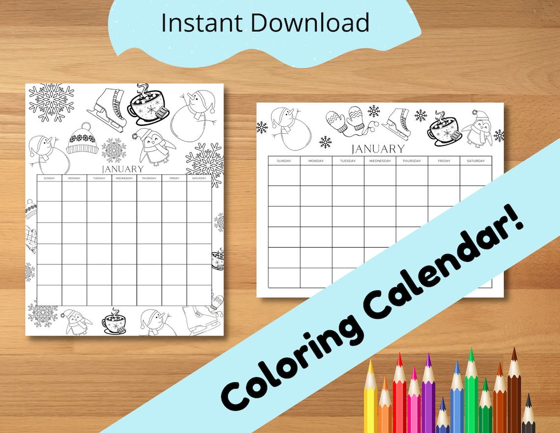 Printable Coloring Calendar for Kids: Themed Monthly Designs (PDF ...