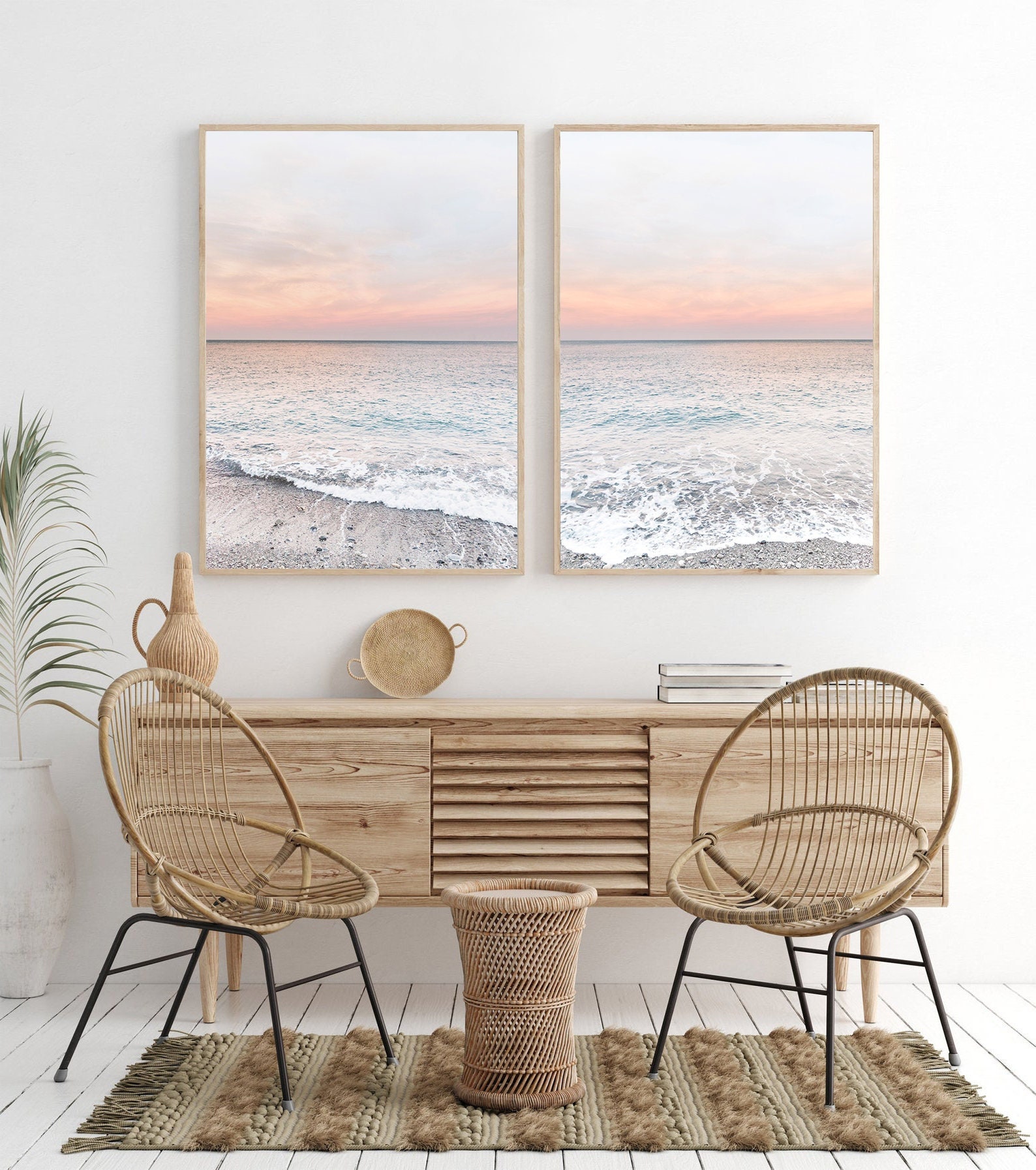 Beach Set of 2 Prints | Ocean Wall Art | Sunset Over Ocean | Pastel ...