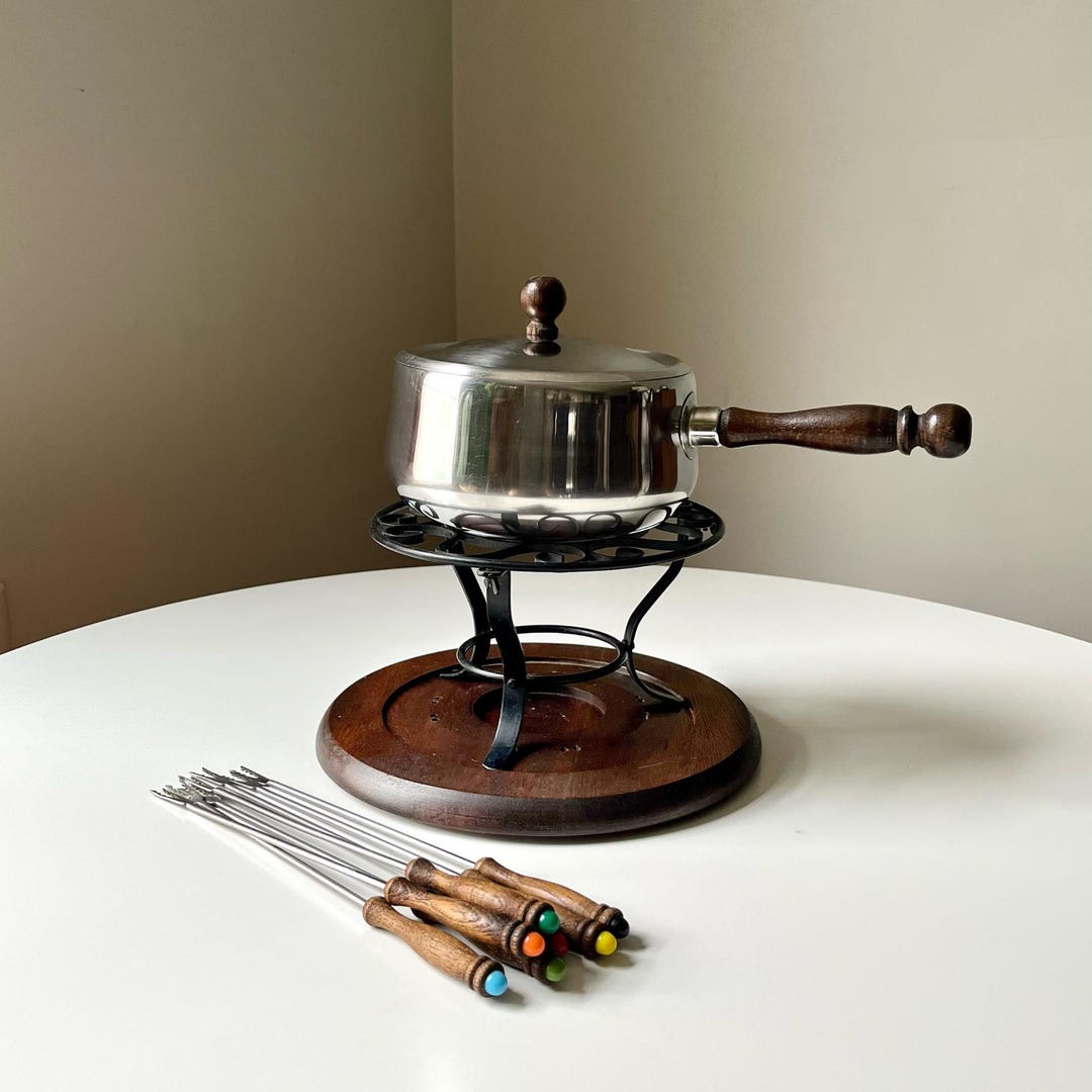 Vintage 1970s Silver Metal Fondue Set With Skewers and Wood Base - Etsy