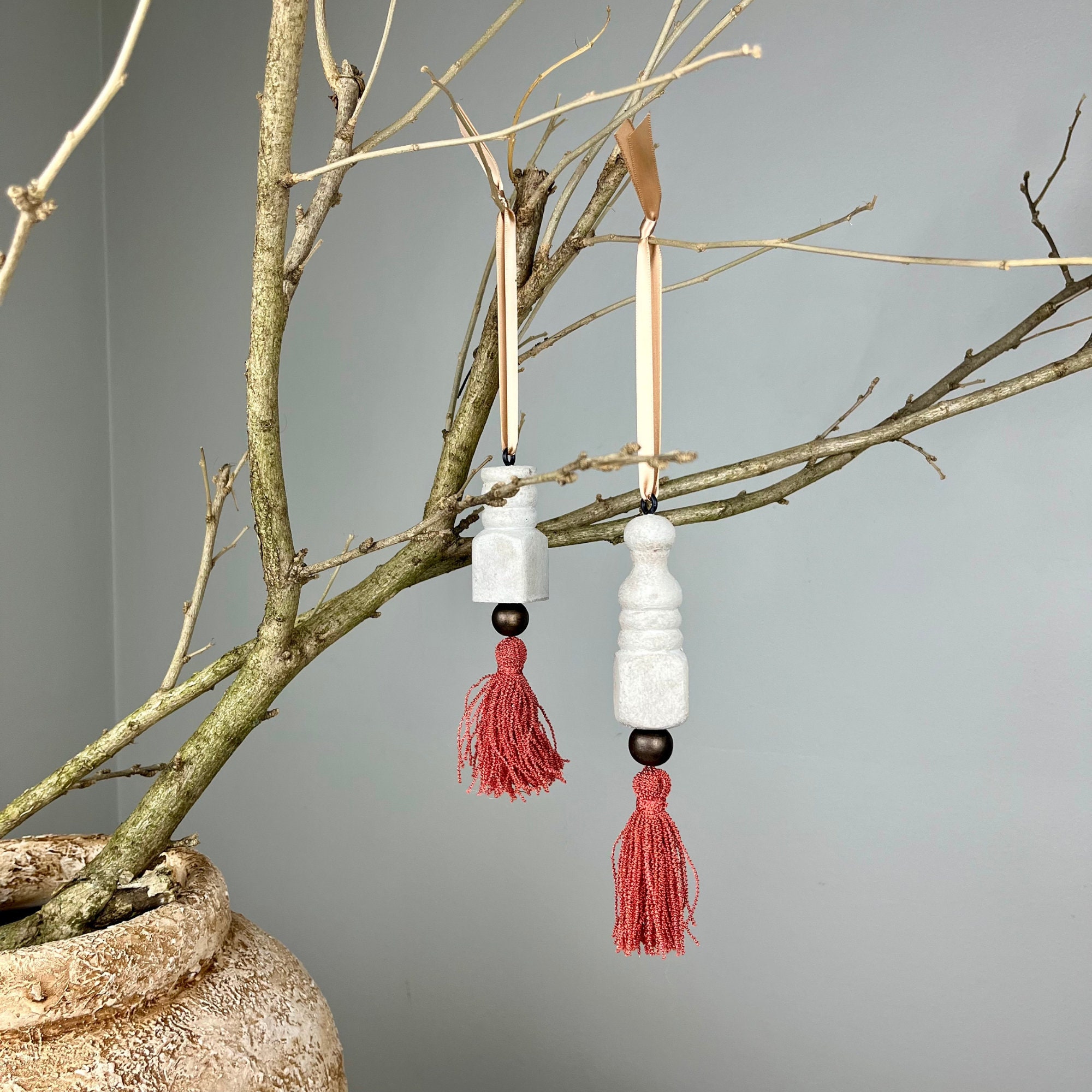 Set of Two Hand Painted Textured Wood Spindle Ornaments With a - Etsy