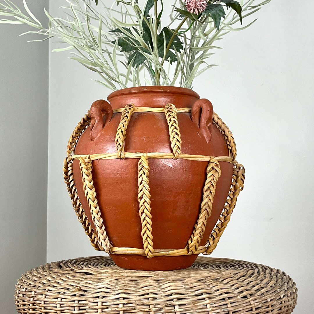 Terracotta Clay Vase With Braided Rattan Details - Etsy
