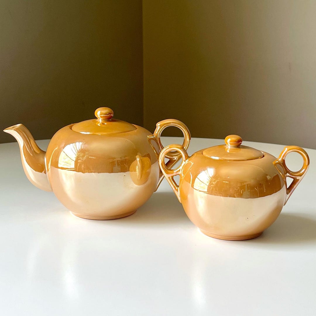 Vintage Orange Color Indecent Lusterware Porcelain Teapot and Sugar ...