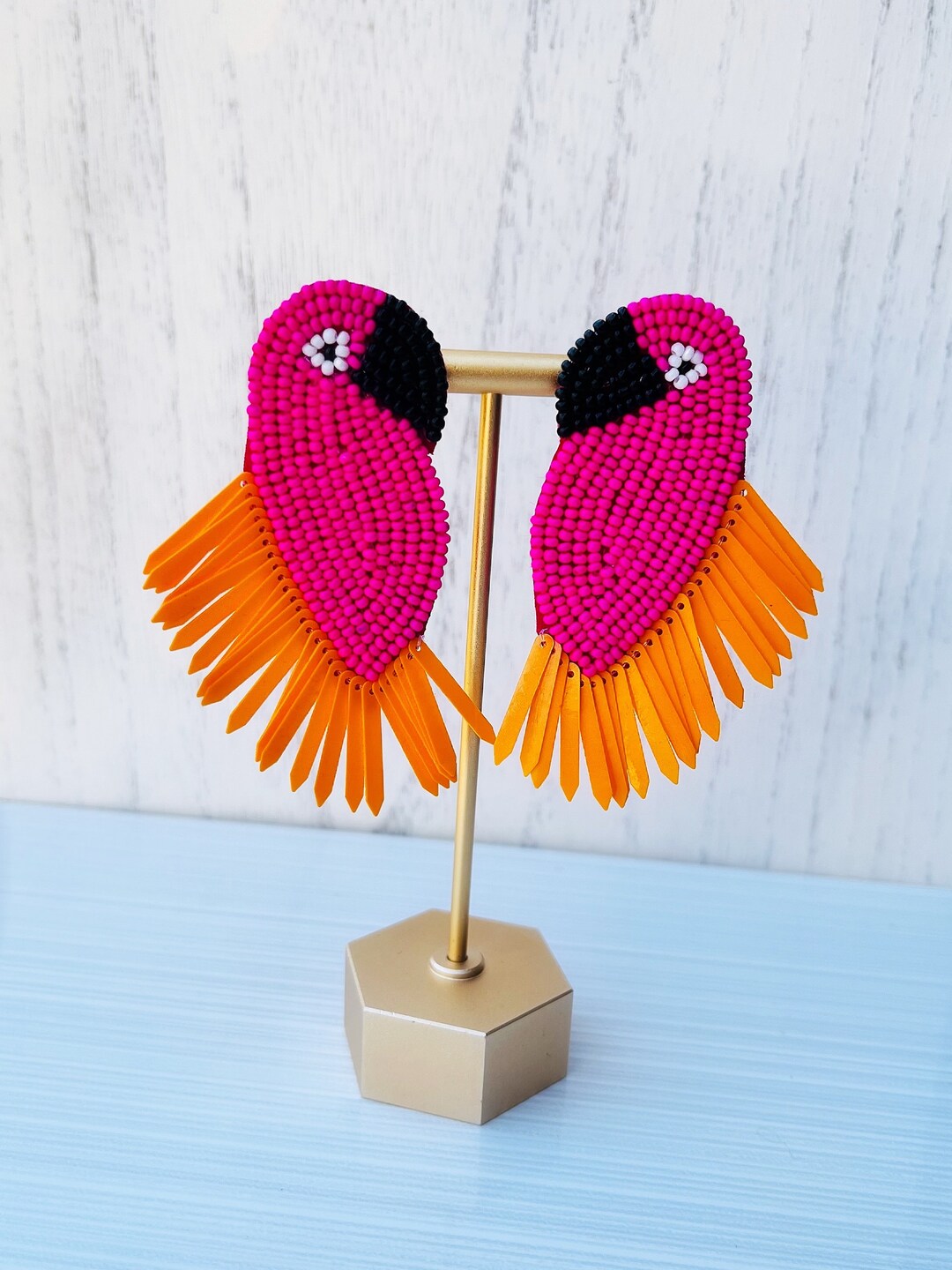 Hot Pink Parrot Earrings: Beaded Fringe, Tropical Bird Jewelry - Etsy