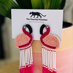 Pink Flamingo Beaded Statement With Legs, Handmade Earrings, Pink ...