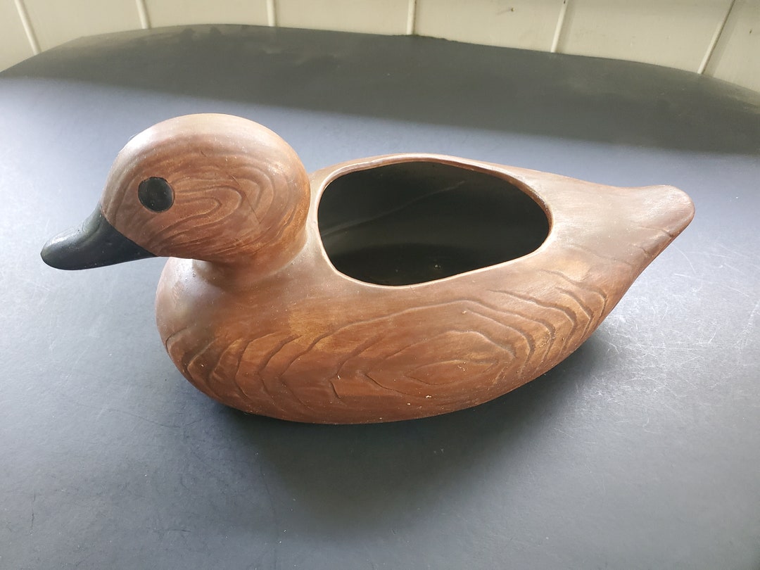 Vintage 1973 FTDA Ceramic Duck Planter With Wood Grain Brown Glaze ...