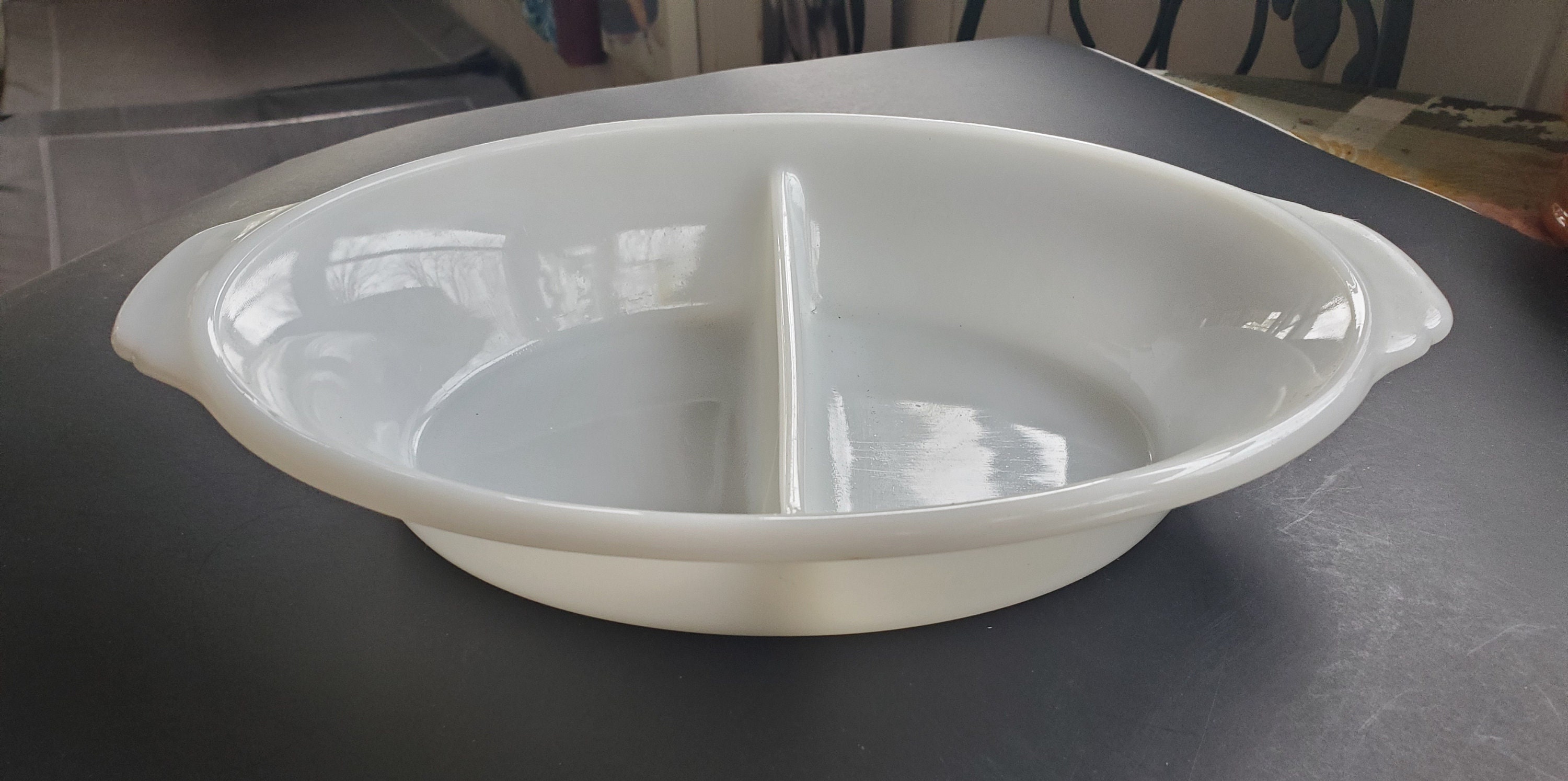 Vintage Fire King Oval Divided Milk Glass Serving/baking Dish With ...