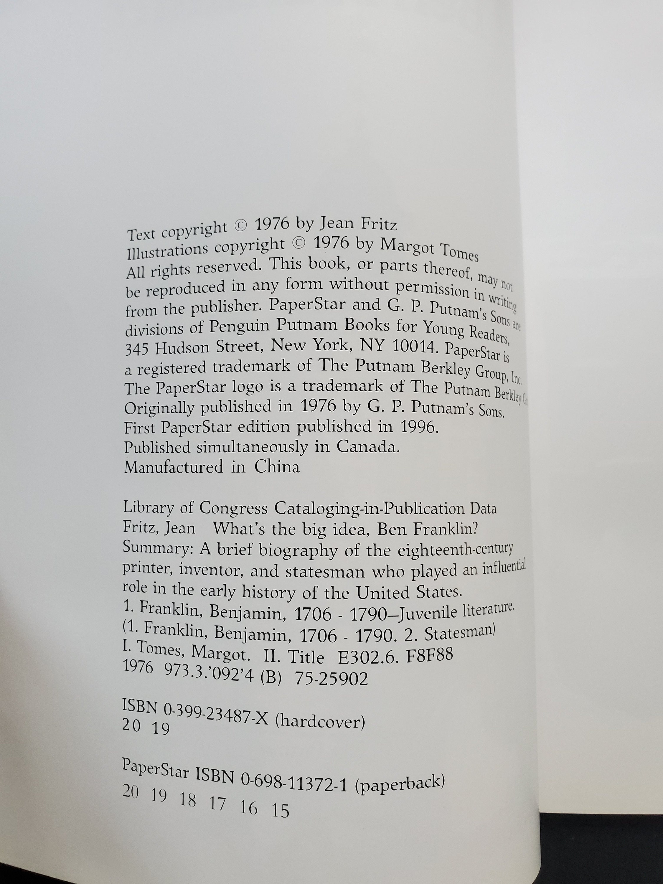 What's the Big Idea Ben Franklin by Jean Fritz 1976 - Etsy