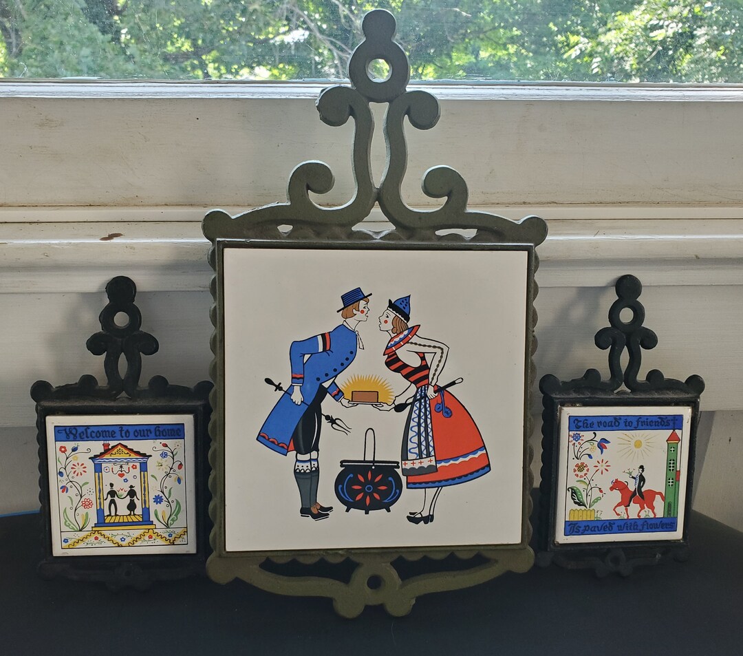 Set of 3 Vintage Cast Iron Trivets With Folk Art Ceramic Tile Centers ...