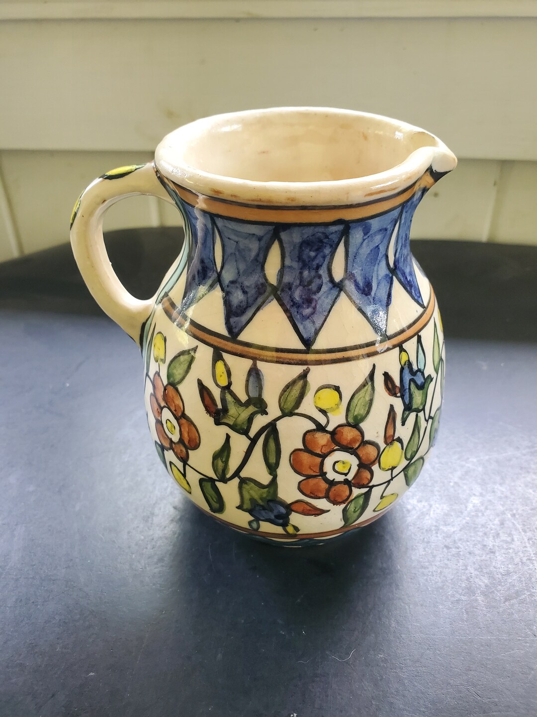 Vintage Glazed Stoneware Pitcher With a Floral Folk Art Design - Etsy