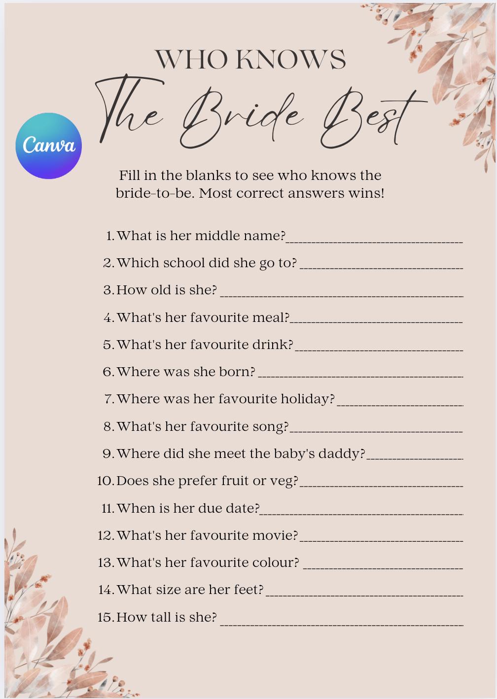 Who Knows the Bride Best Game – Editable Canva Template | Bachelorette ...