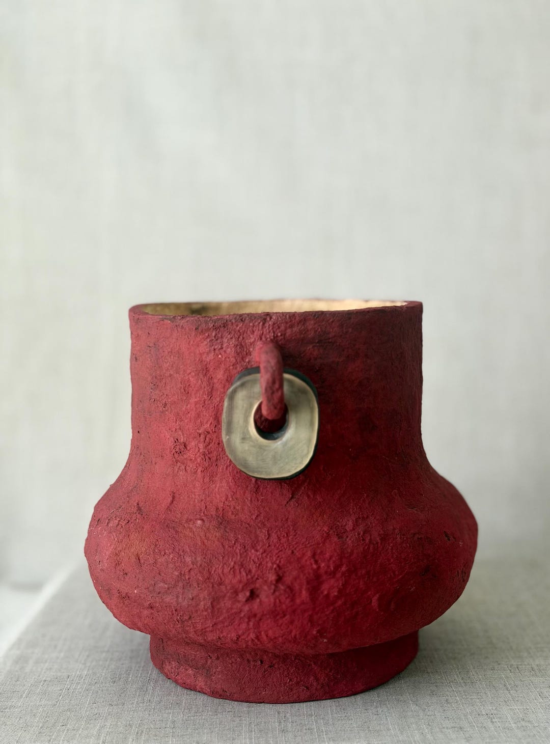 Handmade Red Paper Mâché Vase | Sculptural Vessel With Wood Accents ...