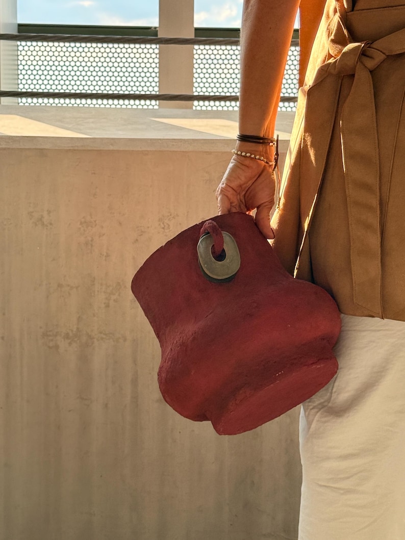 Handmade Red Paper Mâché Vase | Sculptural Vessel With Wood Accents ...