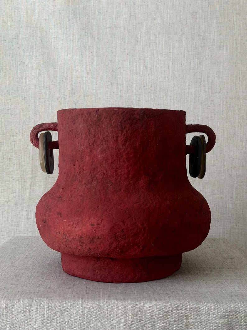 Handmade Red Paper Mâché Vase | Sculptural Vessel With Wood Accents ...