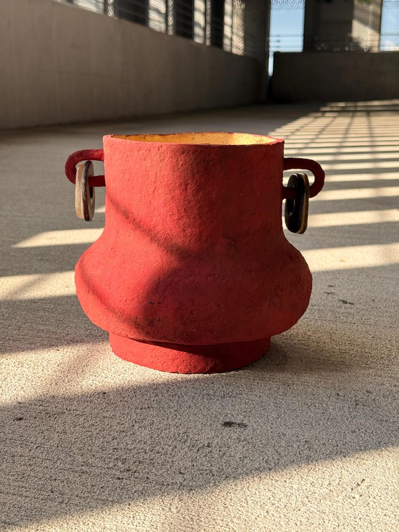 Handmade Red Paper Mâché Vase | Sculptural Vessel With Wood Accents ...