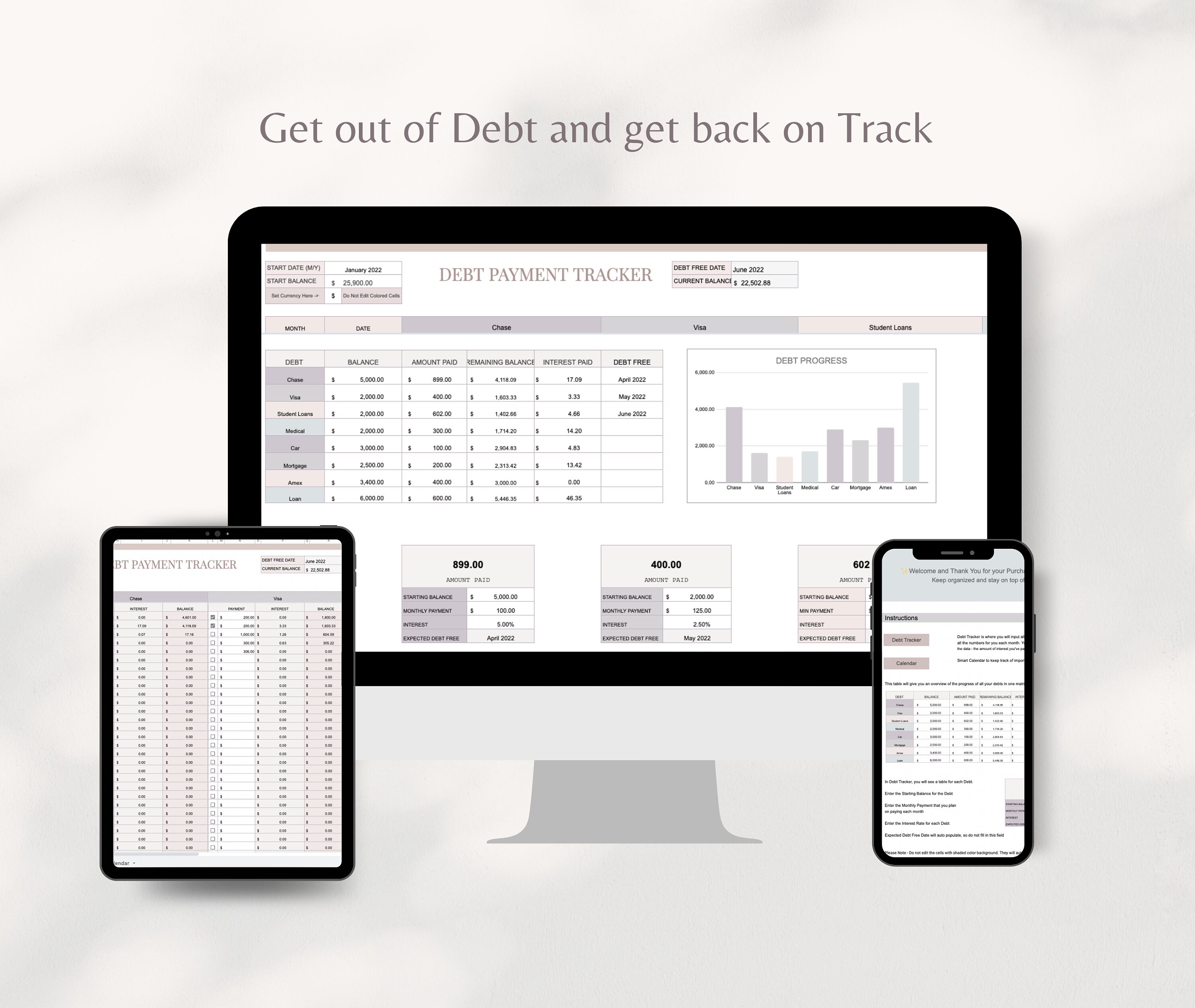 Debt Tracker, Debt Payoff Spreadsheet, Debt Snowball Calculator, Debt ...