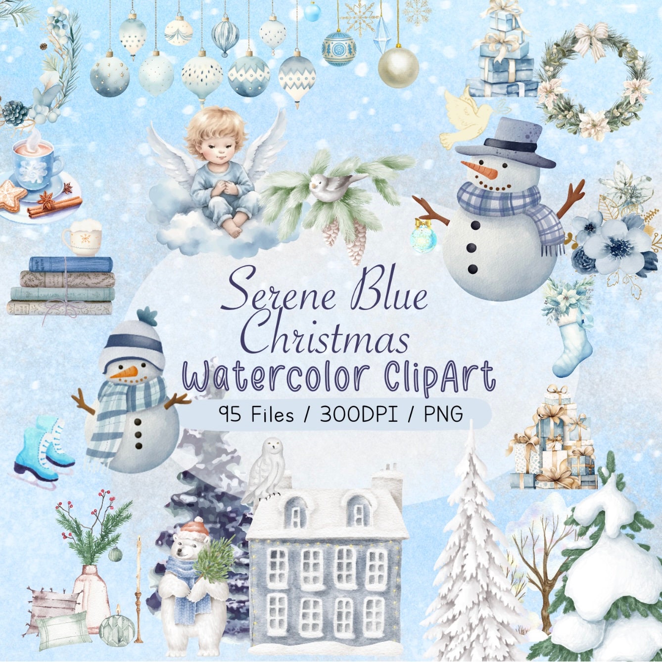 97 Watercolor Blue Christmas Clipart Bundle Christmas in the - Etsy