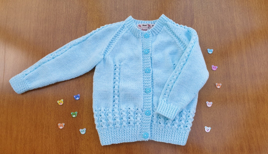 18-24 Months Aqua Hand Knitted Baby Cardigan, Cyan Handknitted Baby ...