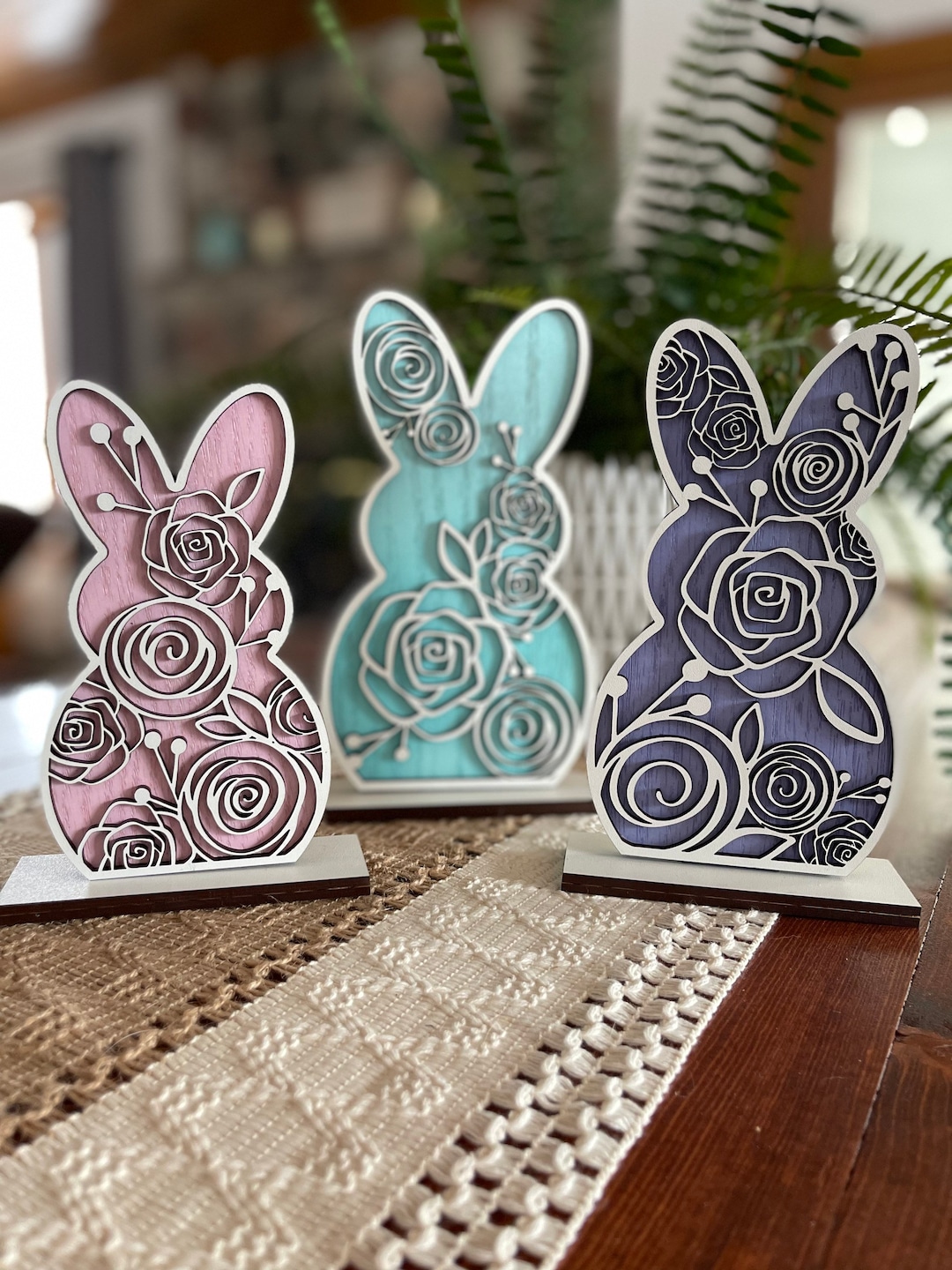 Easter Bunny Shelf Sitters: Teal, Purple, Pink Floral Decor - Set of 3 ...