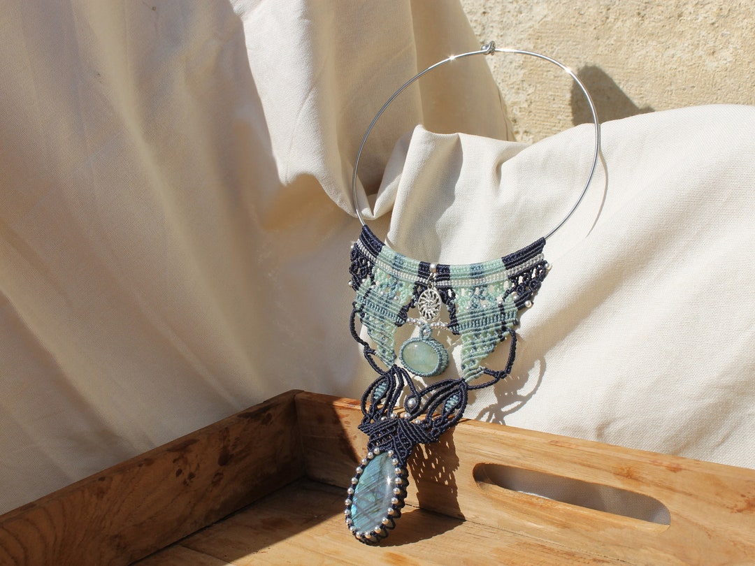 Torque Breastplate in Micro-macrame and Labradorite and Phrenite Stones ...