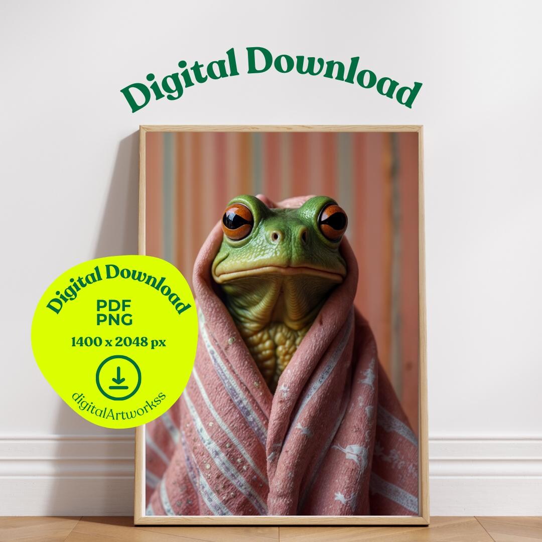 Cute Frog Wrapped in Blanket Digital Poster, Cozy Frog Wall Art, Funny ...