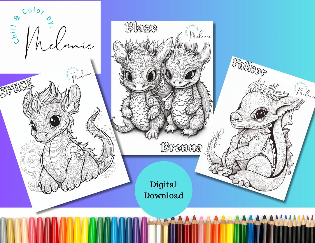 5 Cute Baby Dragon Fantasy Coloring Page, Adults + Kids- Instant ...