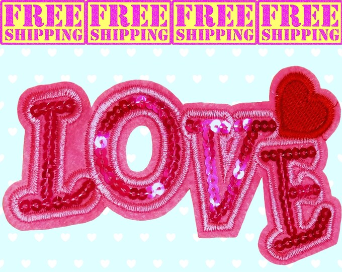 LOVE - Large, Pink Embroidered & Sequin Patch 5.45"x3.25" - Iron On ...