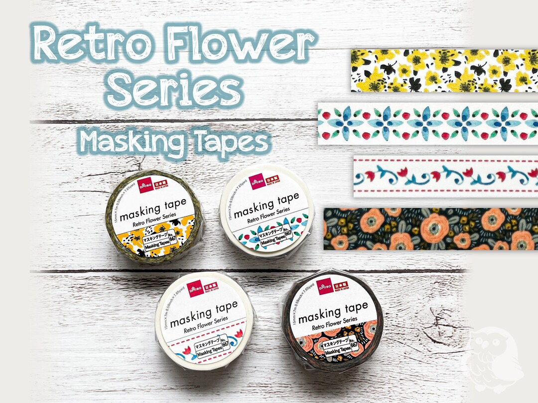 Retro Flowers Washi Tape | Yellow, Blue and Dark Flowers | Daiso ...