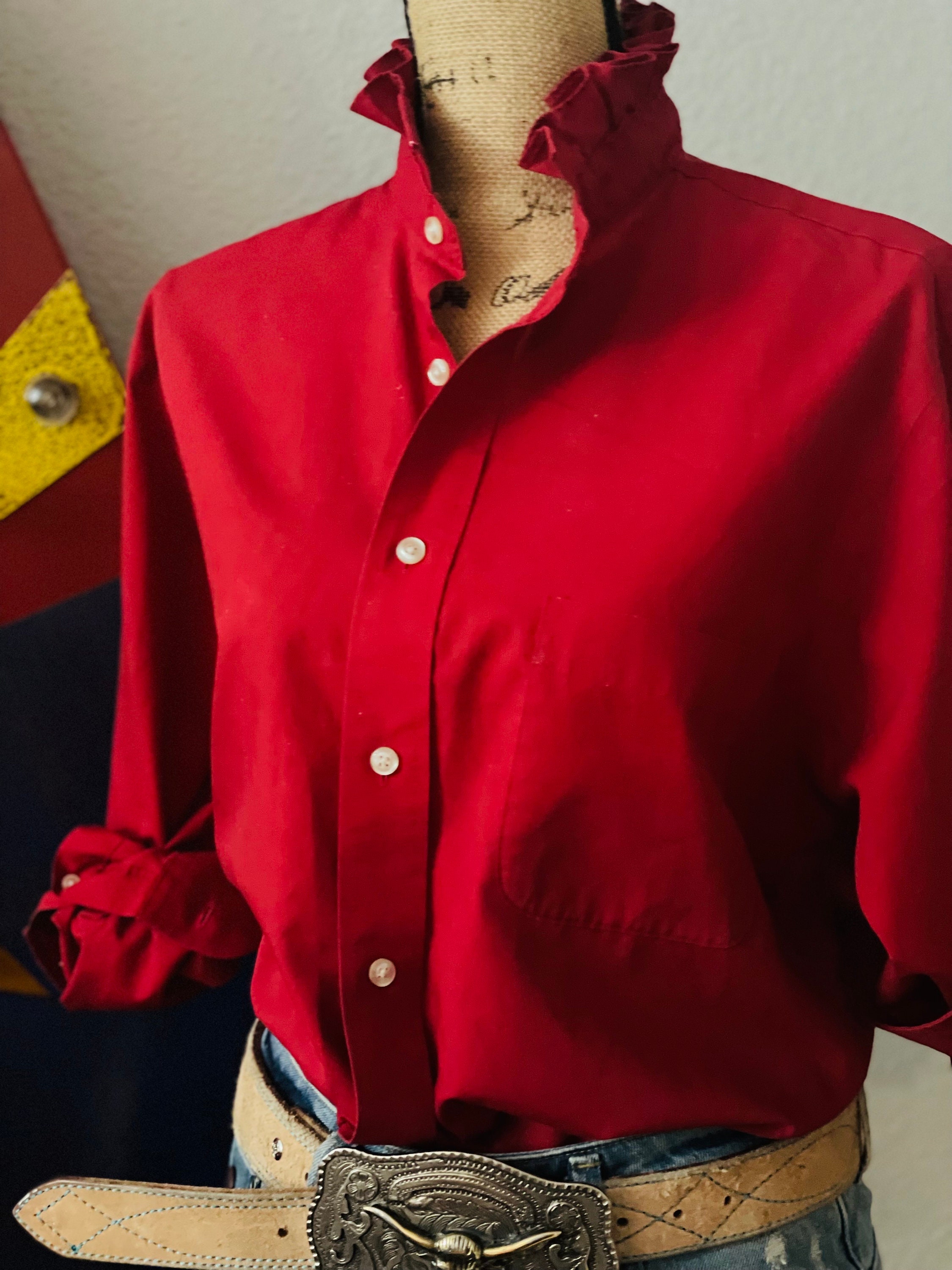 Scarlet Red HOT Long Sleeve Ruffle Collar Button Down Blouse, Rare and ...