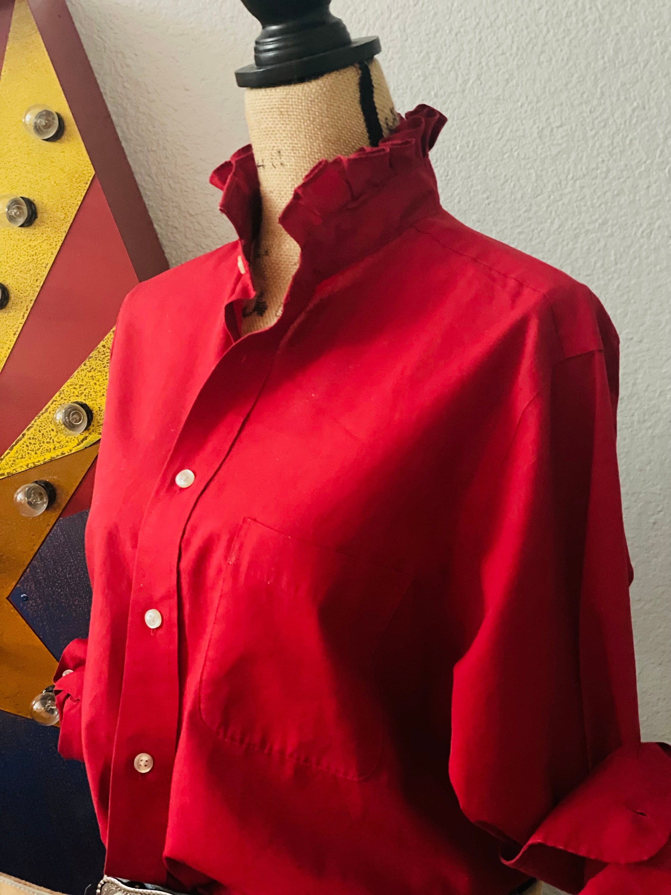 Scarlet Red HOT Long Sleeve Ruffle Collar Button Down Blouse, Rare and Unique Upcycled Mens ...