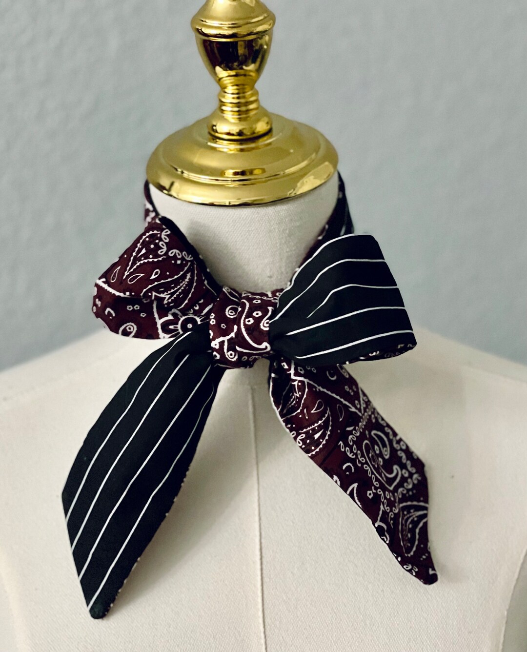 Handmade Maroon Paisley With Black and White Pinstripe Skinny Scarf ...